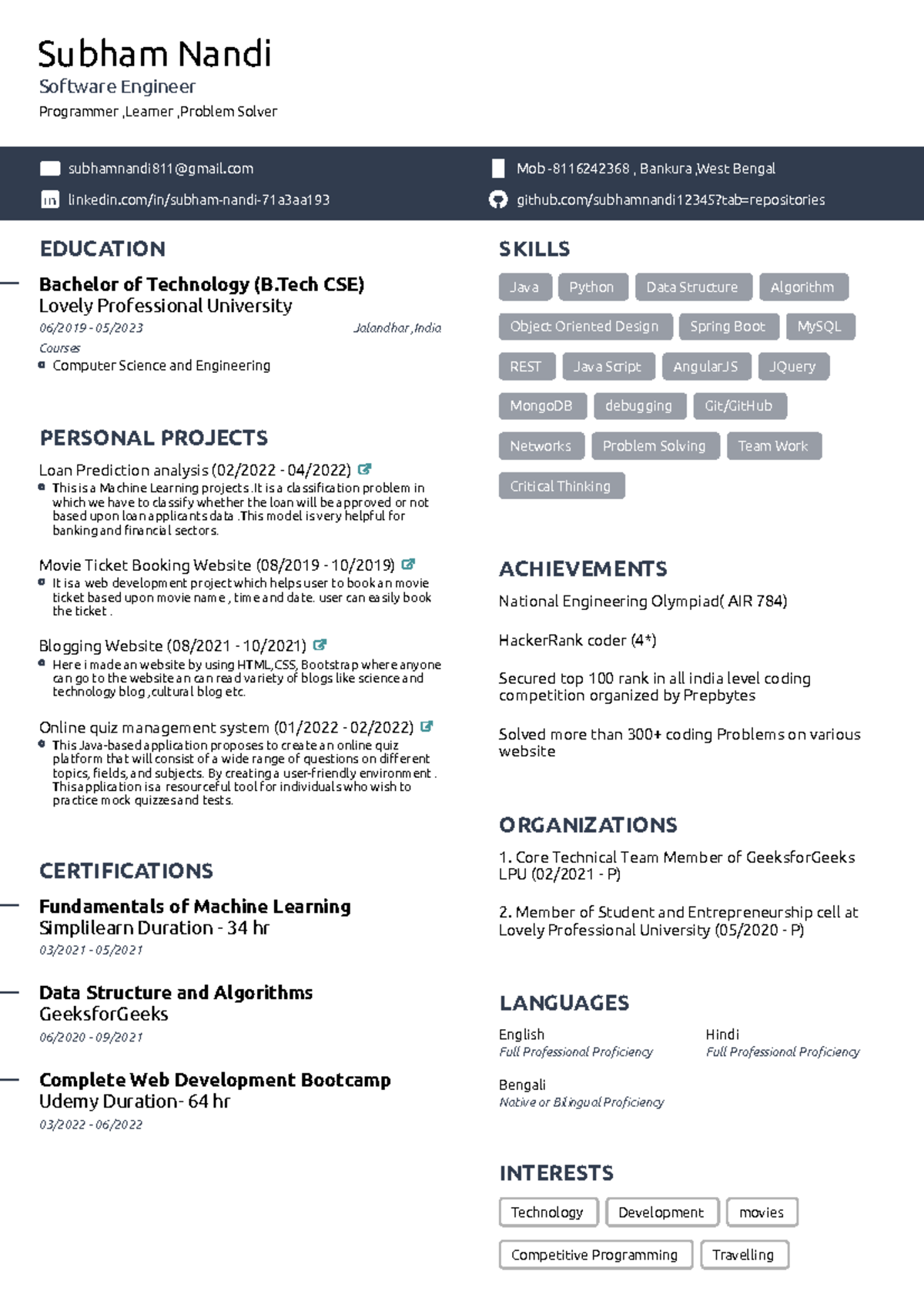 Subham's Resume (88) - Subham Nandi Software Engineer Programmer ,Learner ,Problem Solver - Studocu