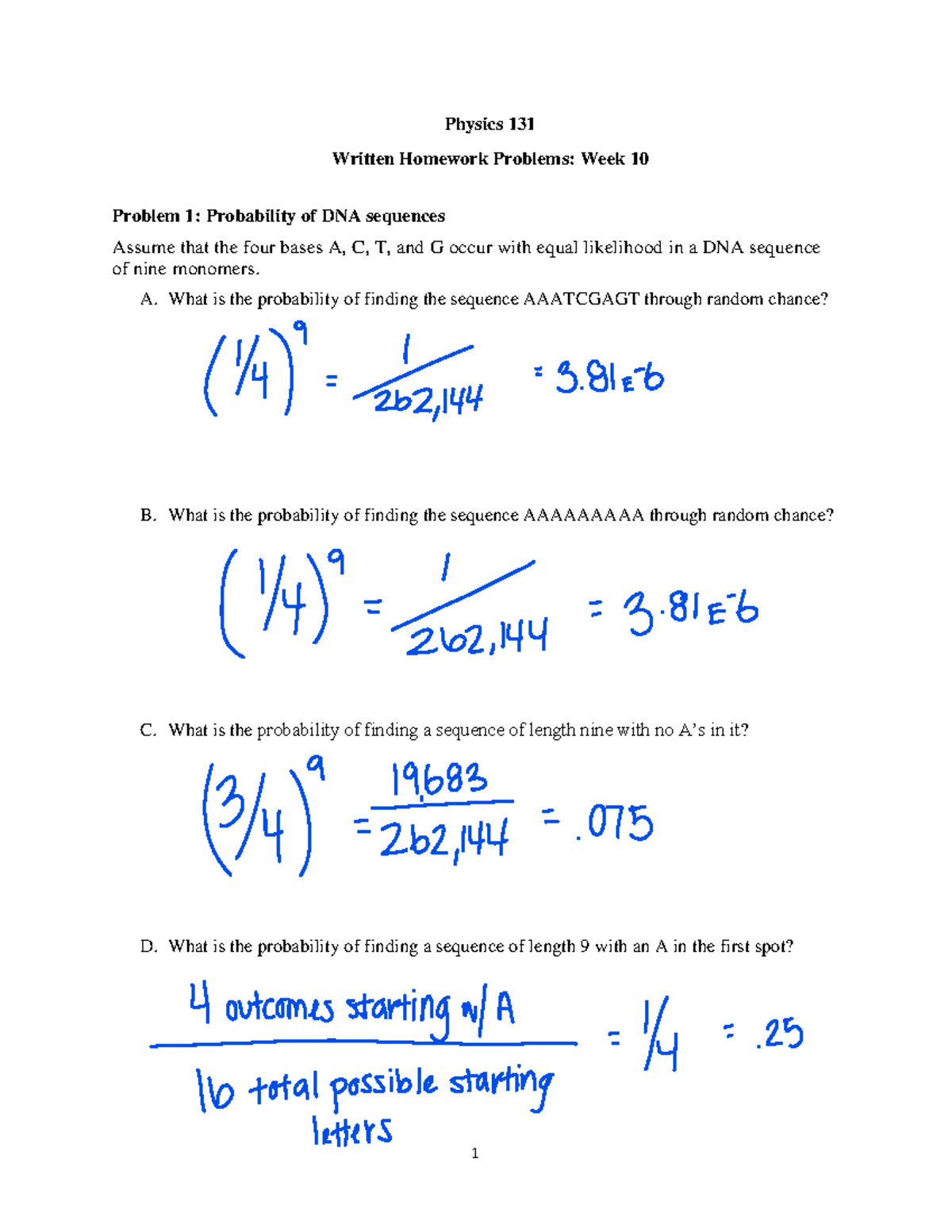 Written HW 10 - HW 10 - Physics 131 Written Homework Problems: Week 10 Problem 1: Probability of ...