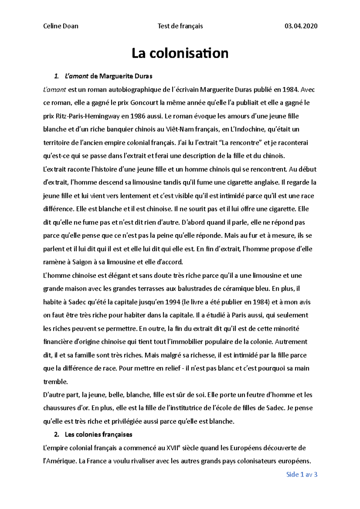 La colonisation - kolonisering - Celine Doan Test de français 03. La ...