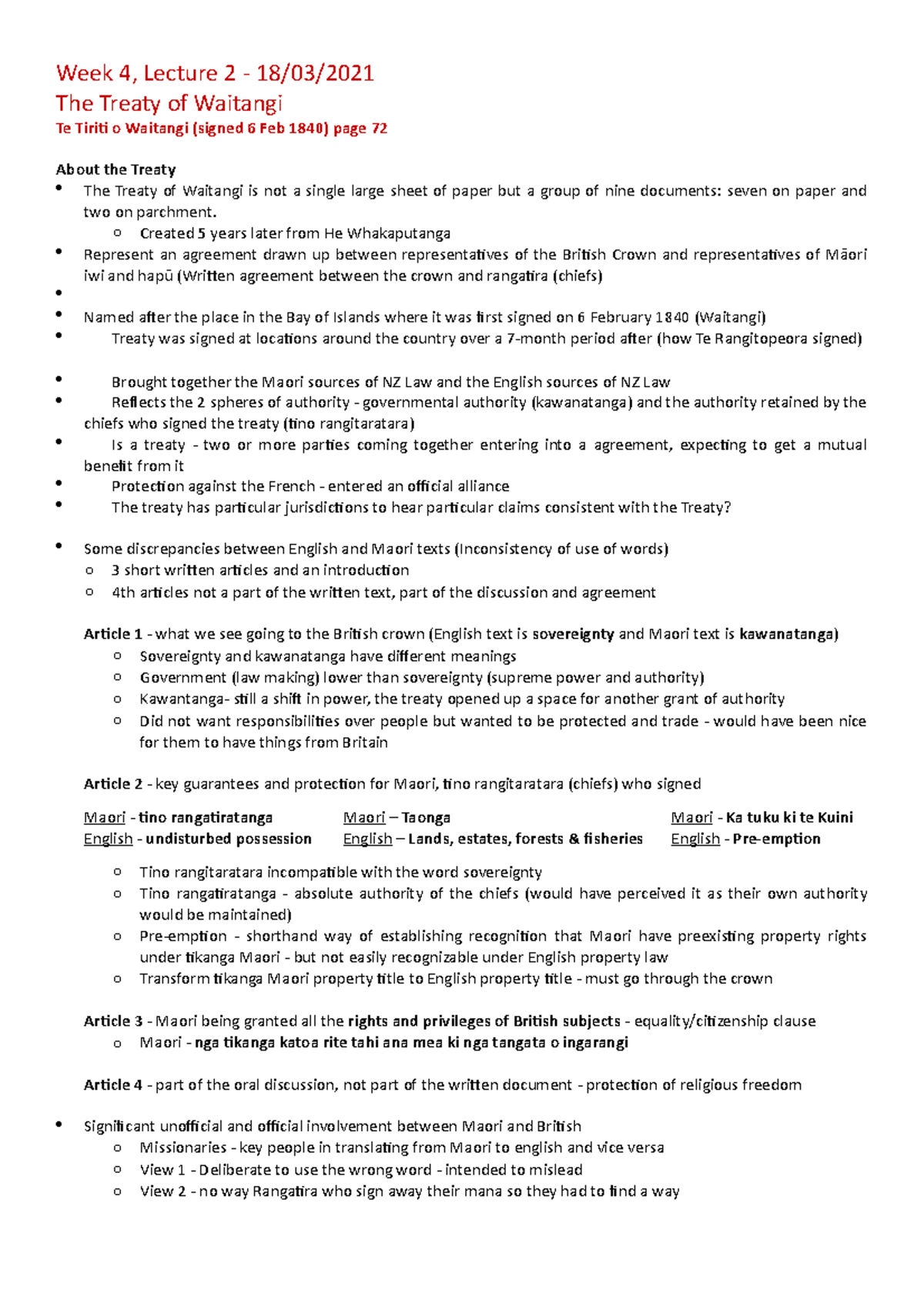 LAWS121 Week 4 Lecture 2 - Week 4, Lecture 2 - 18/03/ The Treaty of Waitangi Te Tiriti o ...