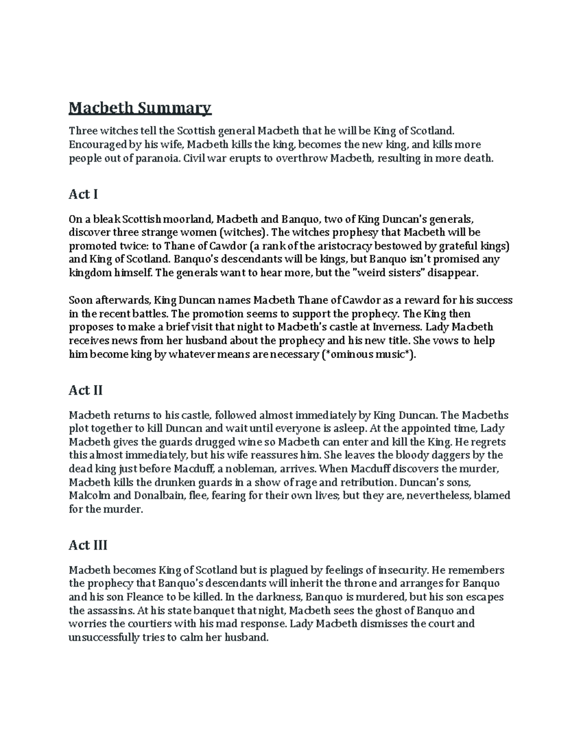 Macbeth Summary - Macbeth Summary Three witches tell the Scottish ...