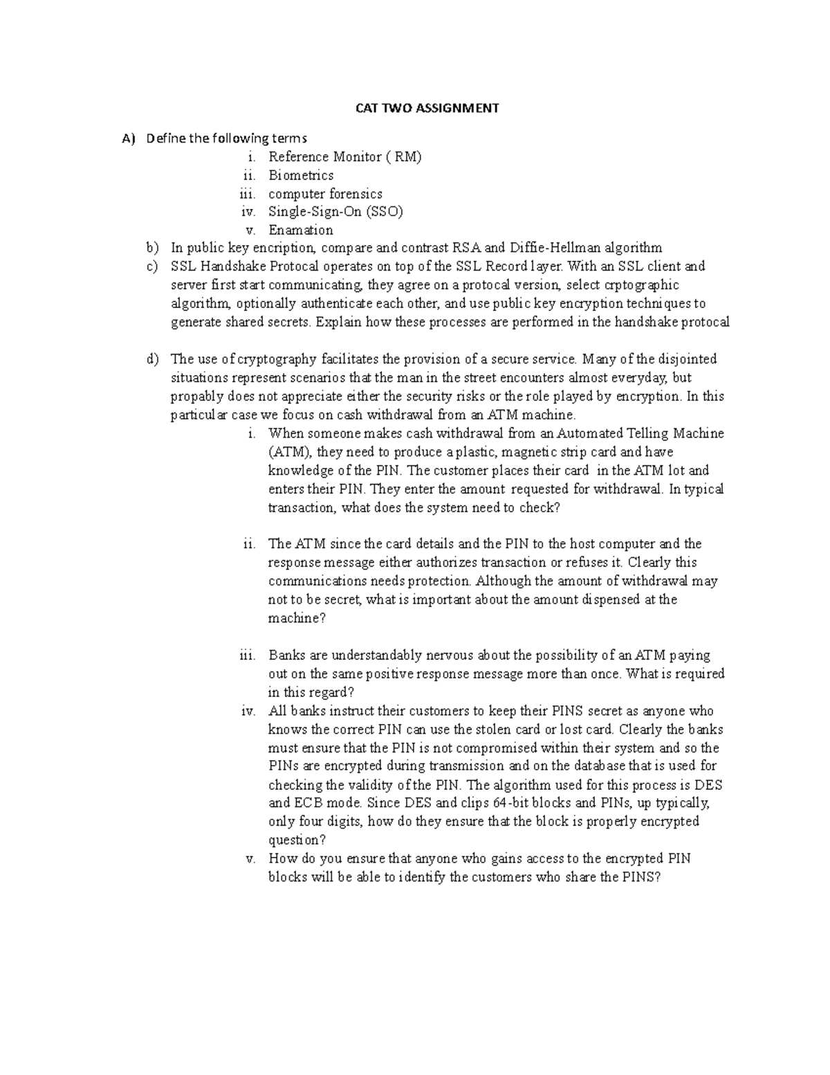 Cat Two Assignment Computer Networks Cat Two Assignment A Define The Following Terms I
