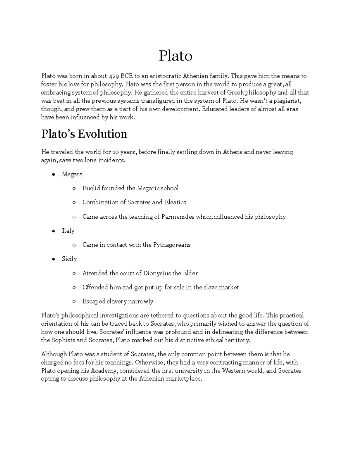Plato - Summary A Critical History of Greek Philosophy - Plato Plato ...