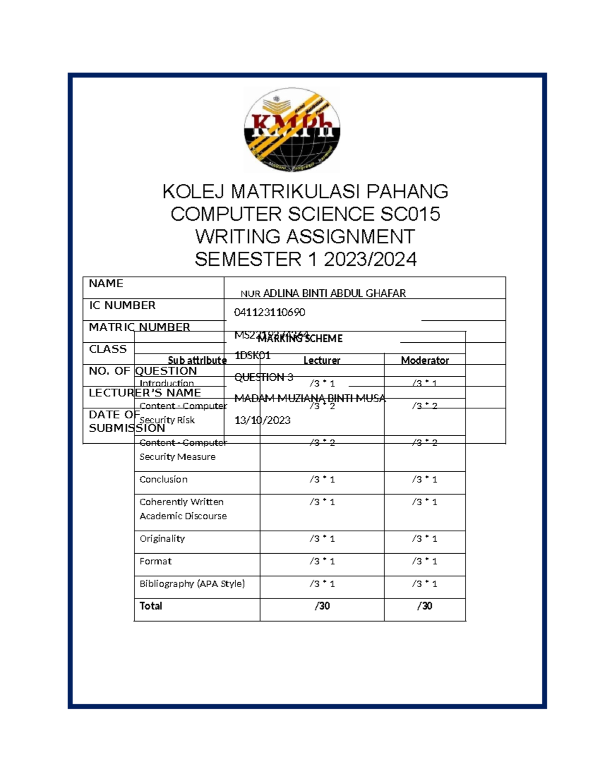 Written assignm sc comp lino - KOLEJ MATRIKULASI PAHANG COMPUTER ...