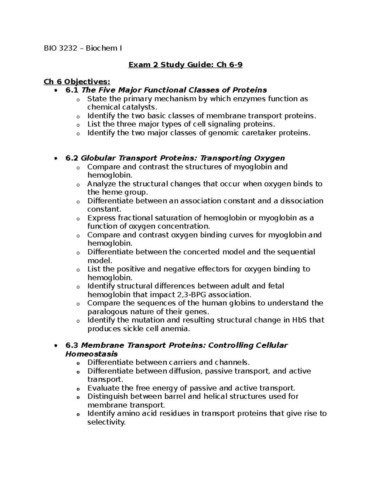 BIO 3232 Exam 2 Study Guide - BIO 3232 – Biochem I Exam 2 Study Guide ...