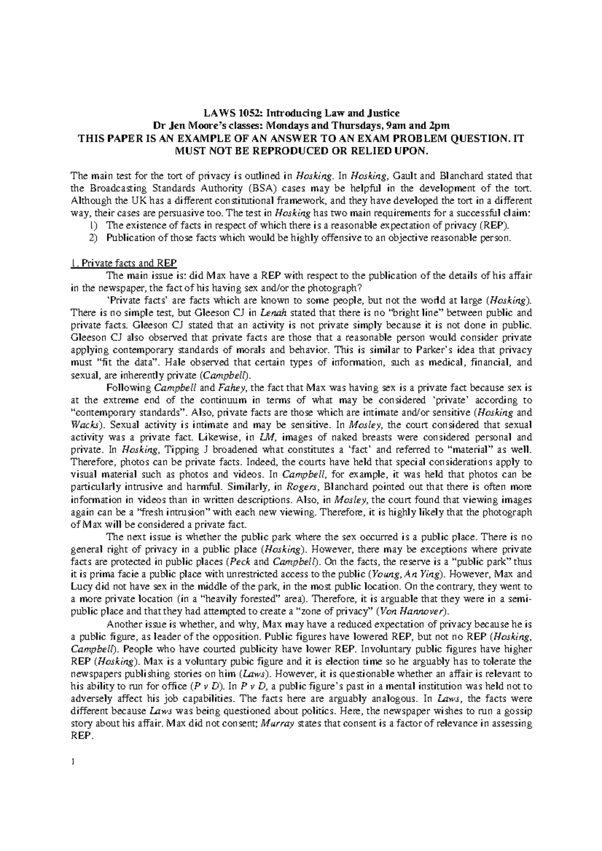 Sample exam answer - Copy - 1 LAWS 1052: Introducing Law and Justice Dr ...