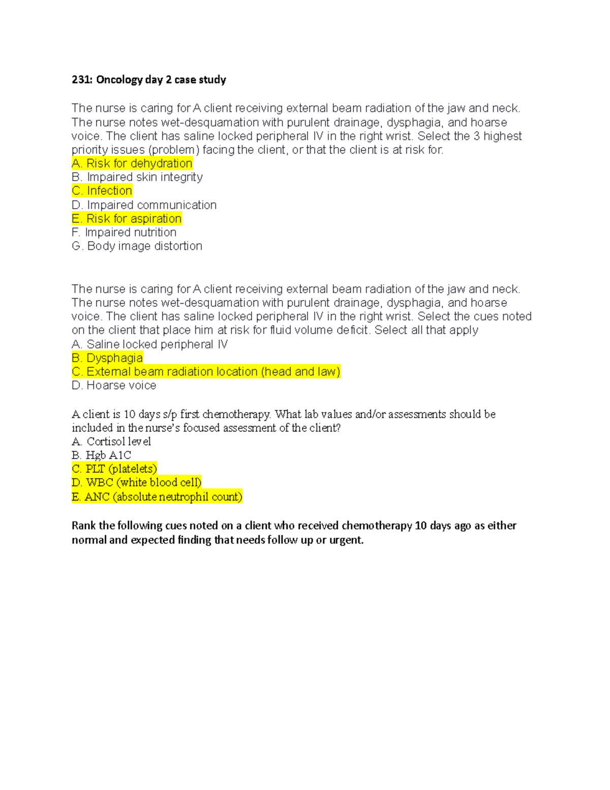 231 onc day 2 - adult 2 oncology day 2 case study - 231: Oncology day 2 ...