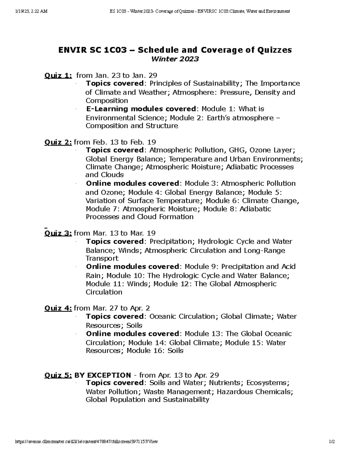 ES 1C03 - Winter 2023- Coverage of Quizzes - Envirsc 1C03 Climate ...