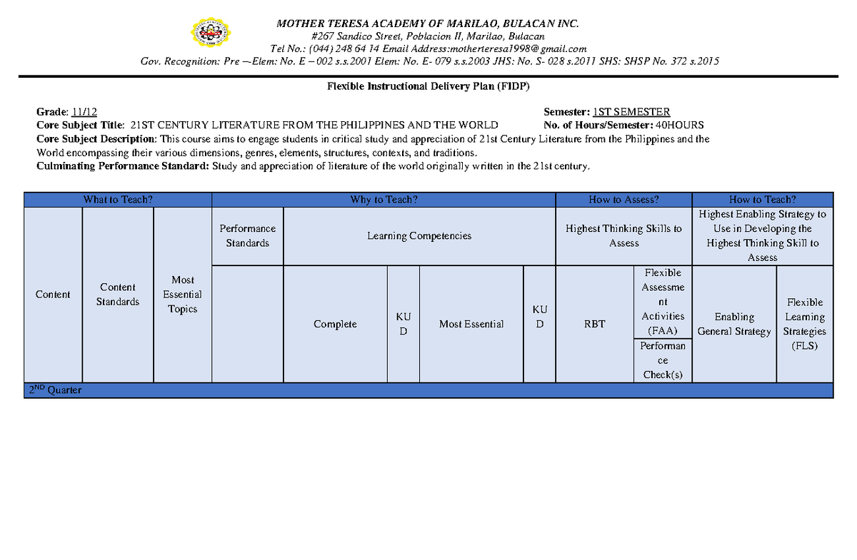 FIDP 2ND Q - Just a Sample copy of FiDP - MOTHER TERESA ACADEMY OF ...