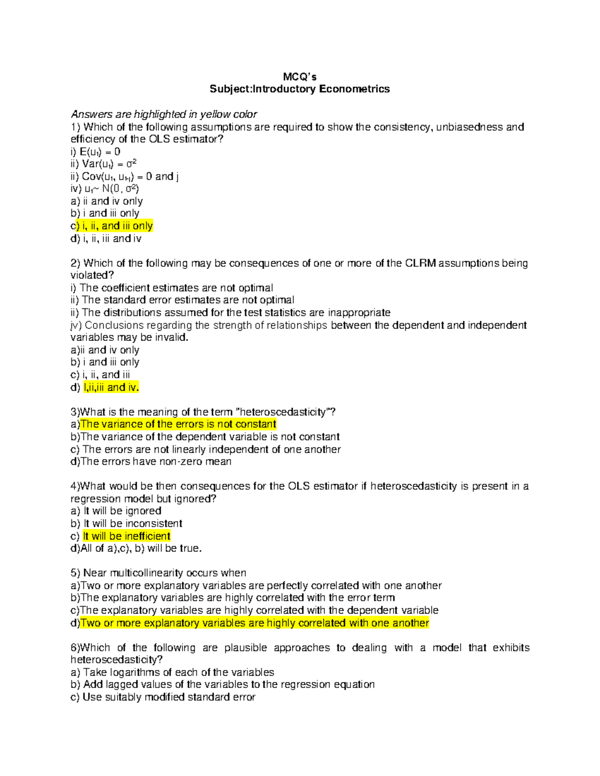Econometrics-qb - Good - MCQ’s Subject:Introductory Econometrics ...