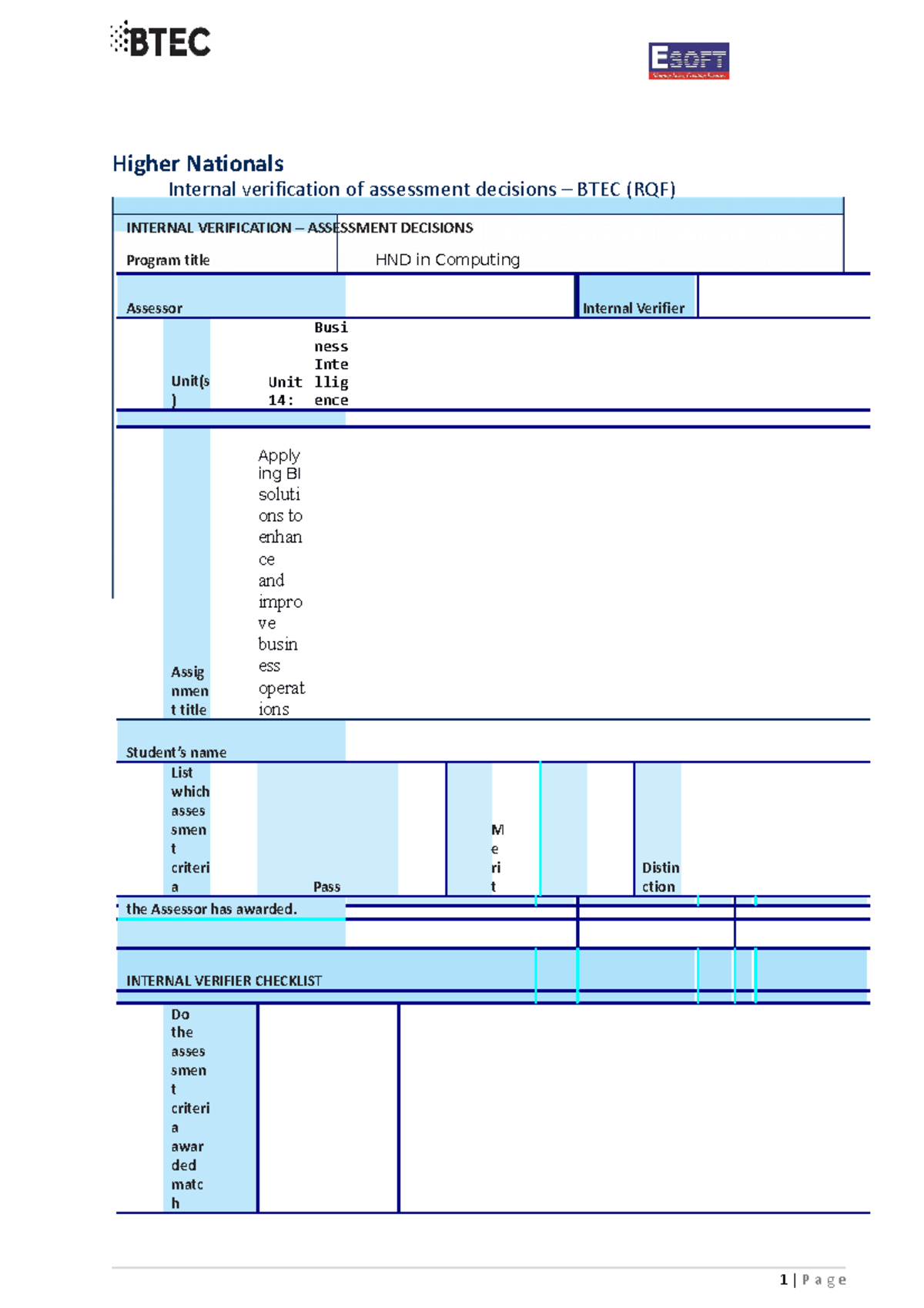 UNIT 14 - Business Inteligent Assignment shakula 28 - Higher Nationals ...