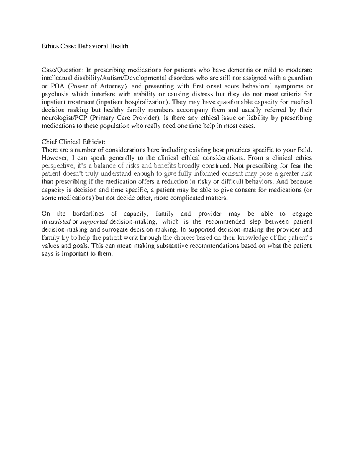 RRC Ethics Case Behavioral Health - Ethics Case: Behavioral Health Case ...