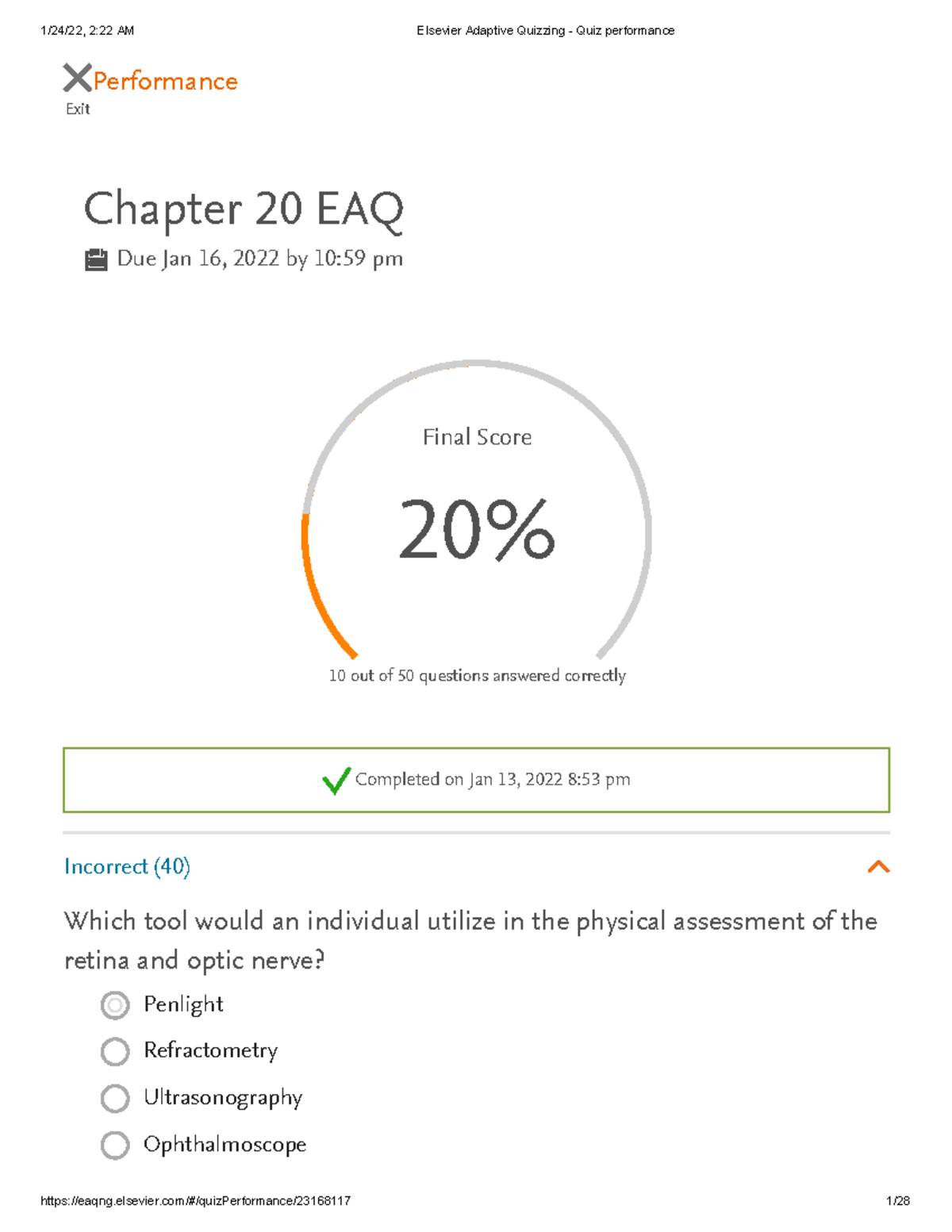 Chapter 20 EAQ Elsevier Adaptive Quizzing - Quiz performance Incorrect - Exit Performance ...