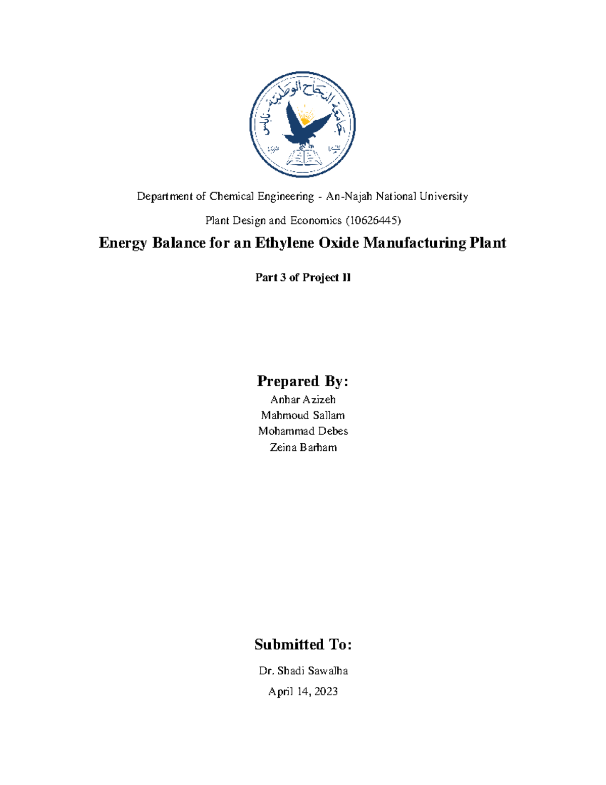 Energy Balance for Ethylene oxide manufacturing plant - Department of ...