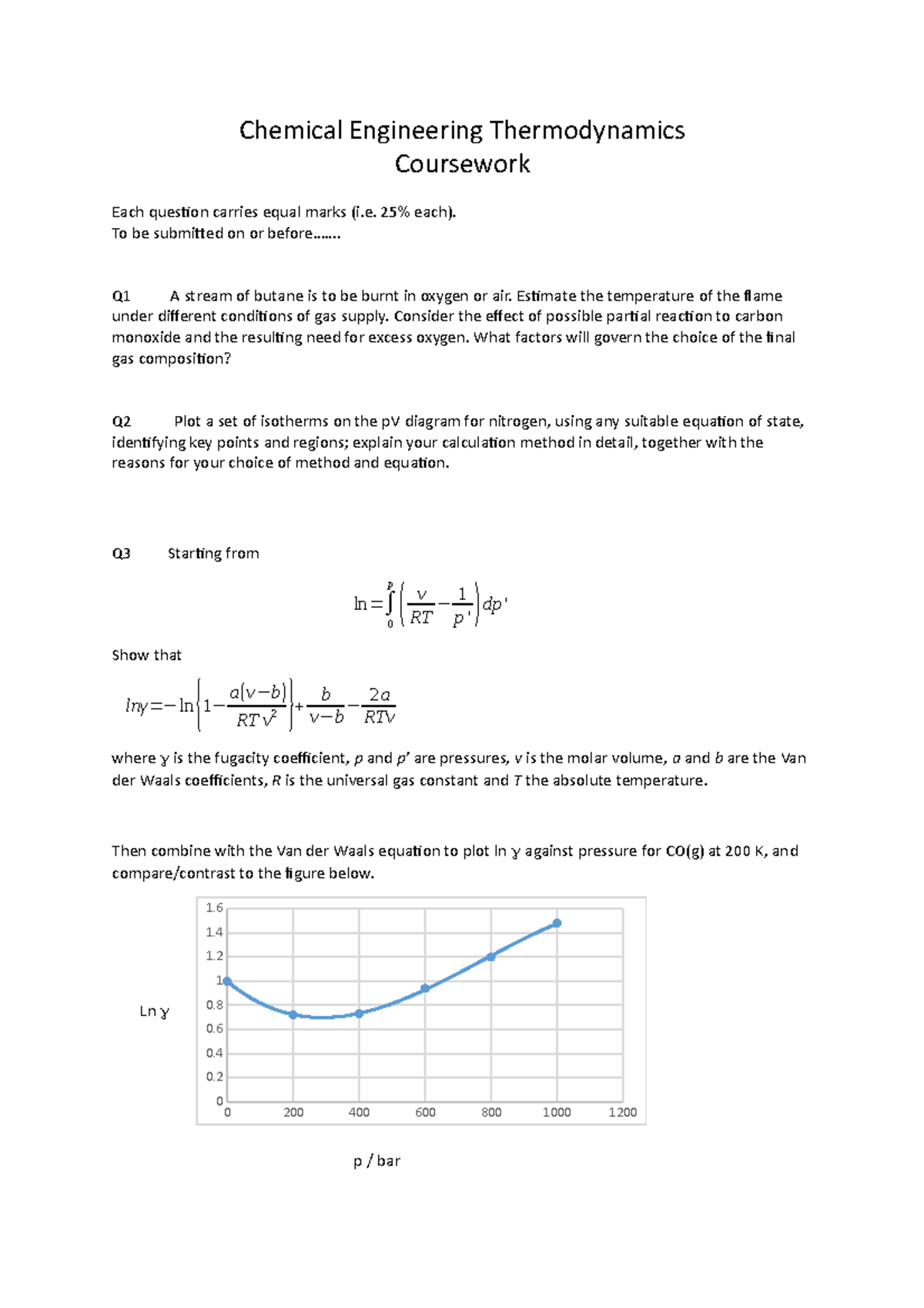 Coursework questions-1 - Chemical Engineering Thermodynamics Coursework ...