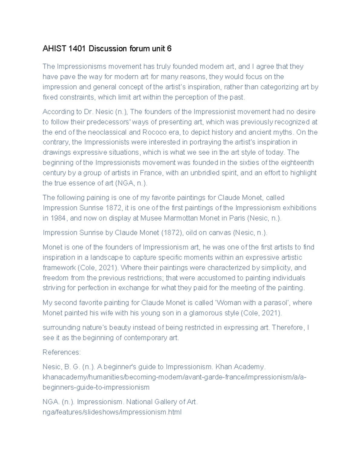 AHIST 1401 Discussion forum unit 6 - AHIST 1401 Discussion forum unit 6 ...