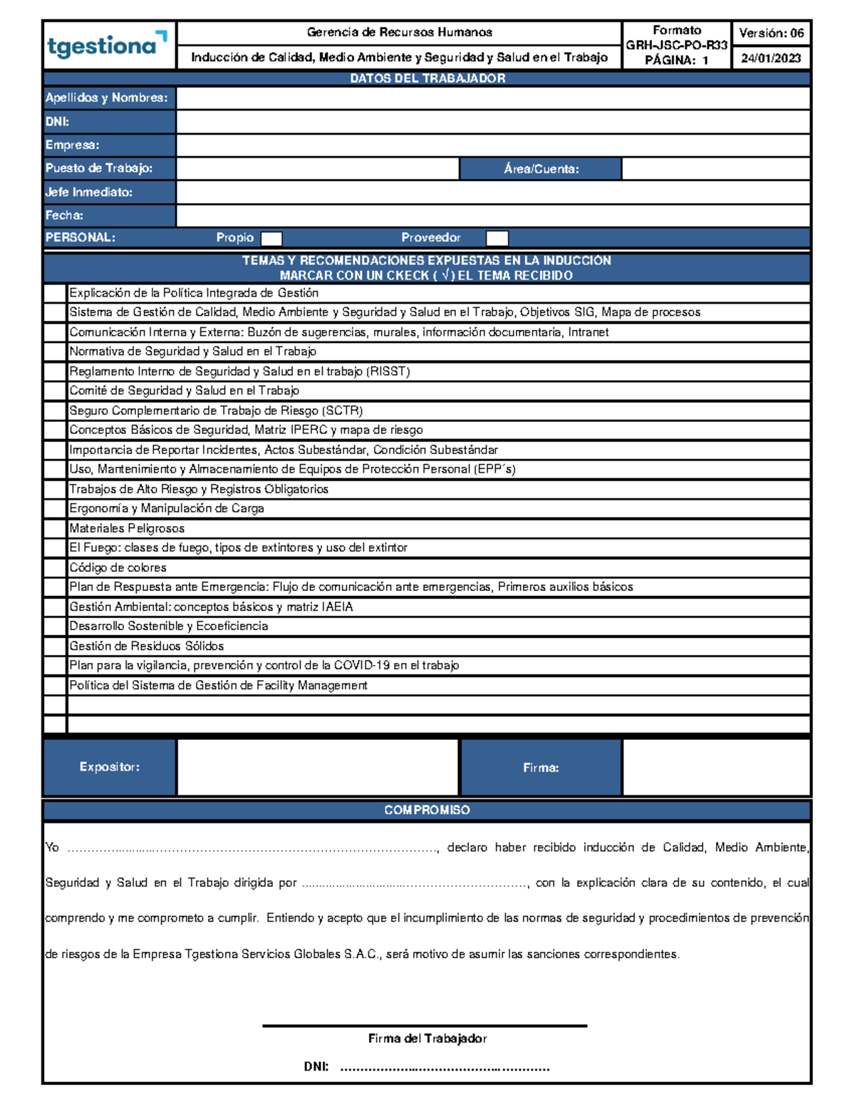 GRH-JSC-PO-R33 Inducción de Calidad, MA,SST - Versión: 06 24/01/ Área/Cuenta: Firma: El Fuego ...