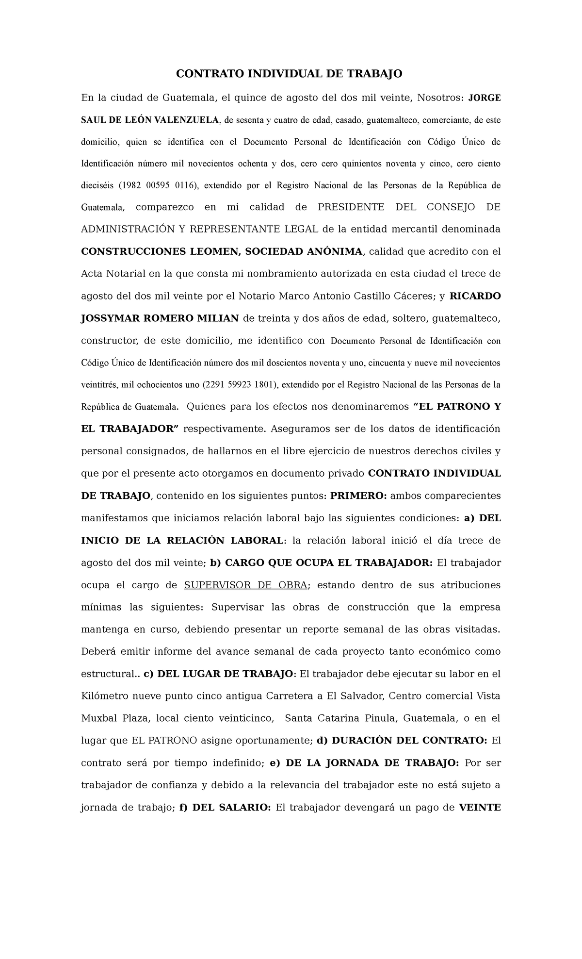 Contrato de Trabajo modelo - CONTRATO INDIVIDUAL DE TRABAJO En la ciudad de Guatemala, el quince ...