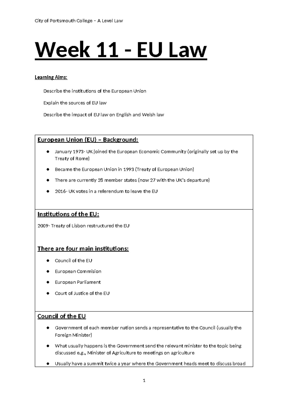EU Law Cheat Sheet - Week 11 - EU Law Learning Aims: Describe the ...