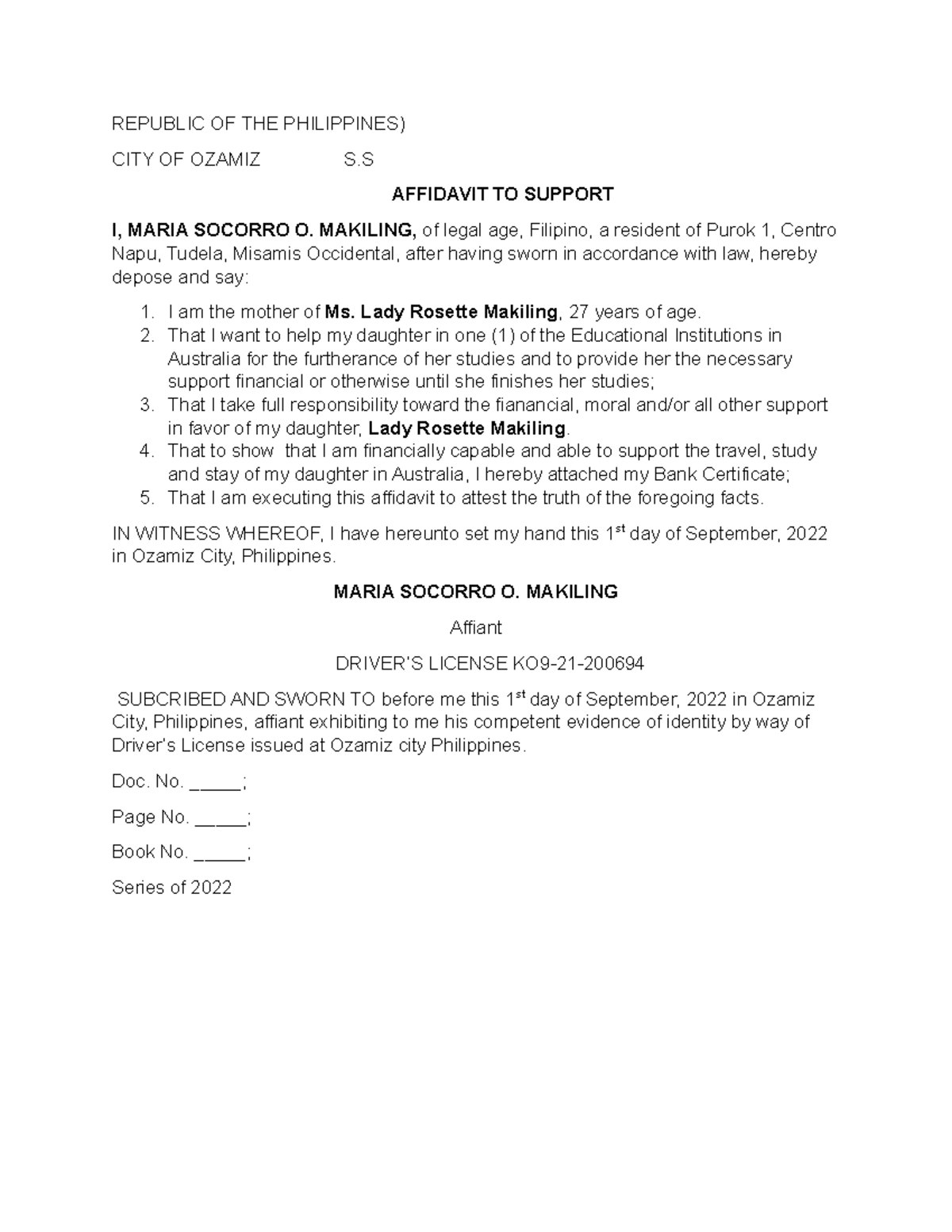 Affidavit of support - legal - REPUBLIC OF THE PHILIPPINES) CITY OF ...