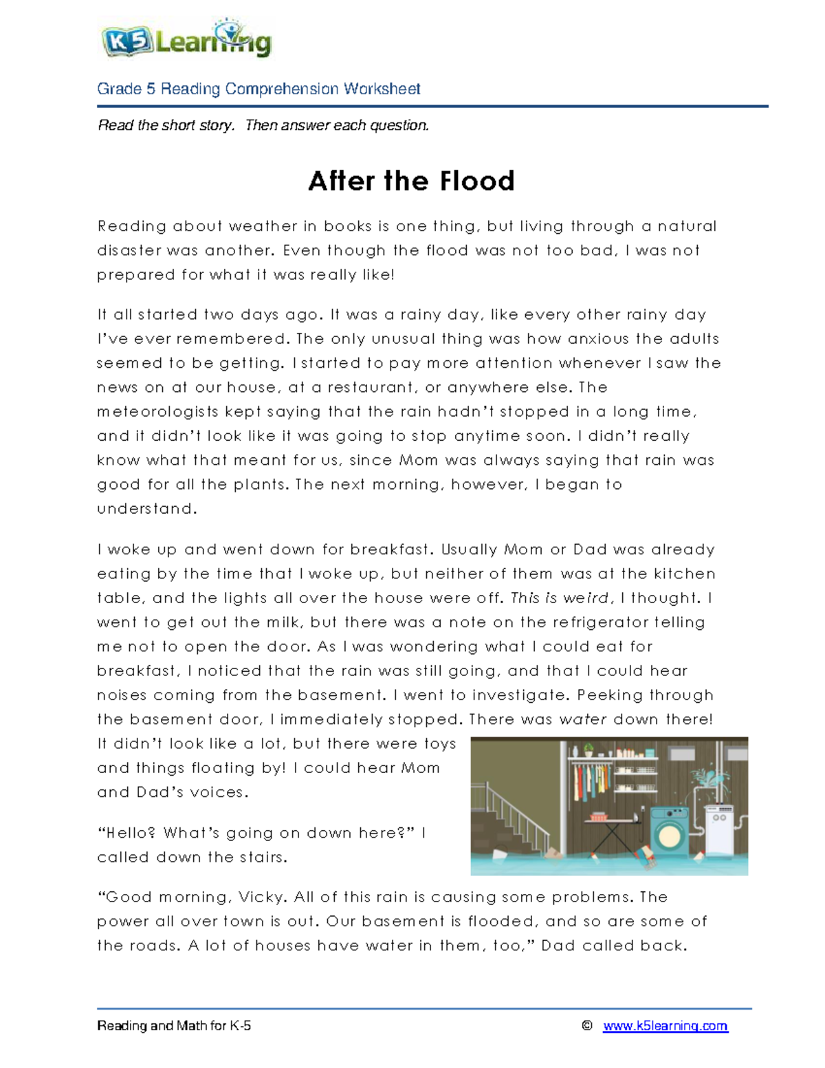 5th grade 5 reading after flood - Read the short story. Then answer ...