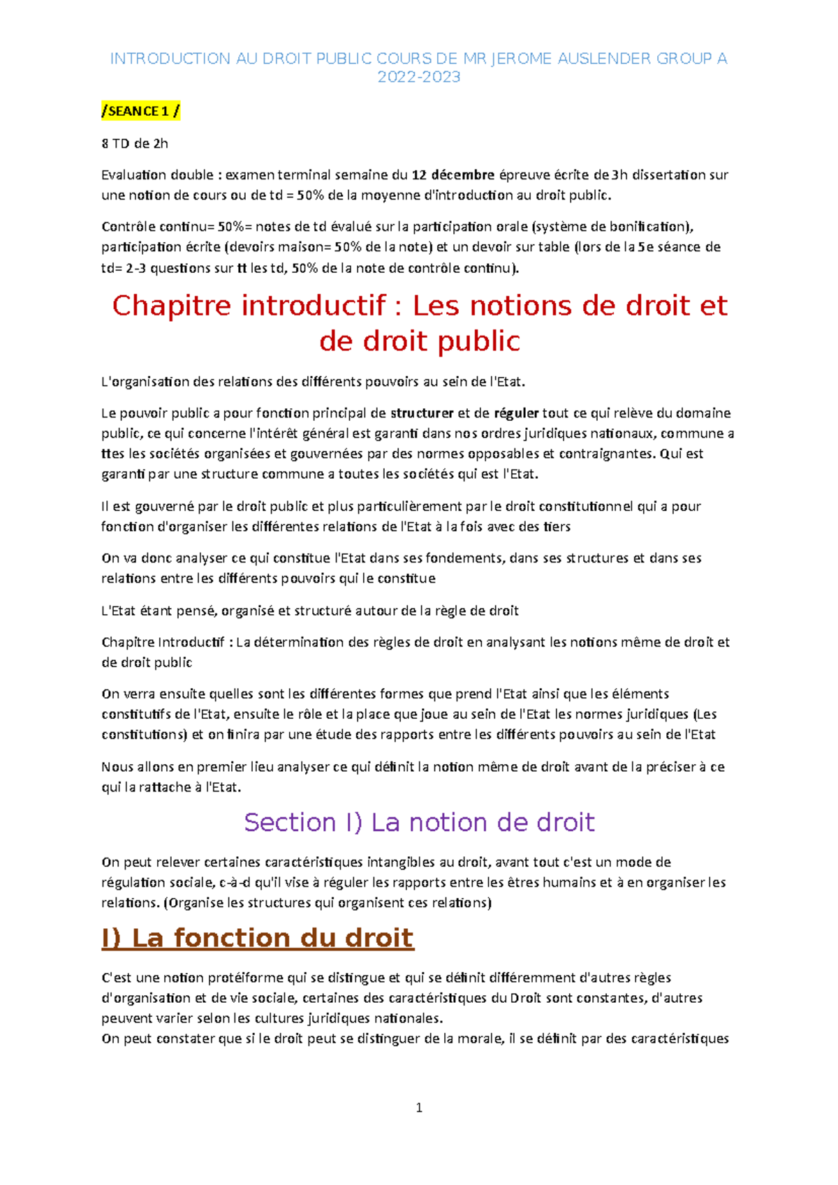 Droit Public 2022-2023 KHOA - 2022- /SEANCE 1 / 8 TD de 2h Evaluation double : examen terminal ...
