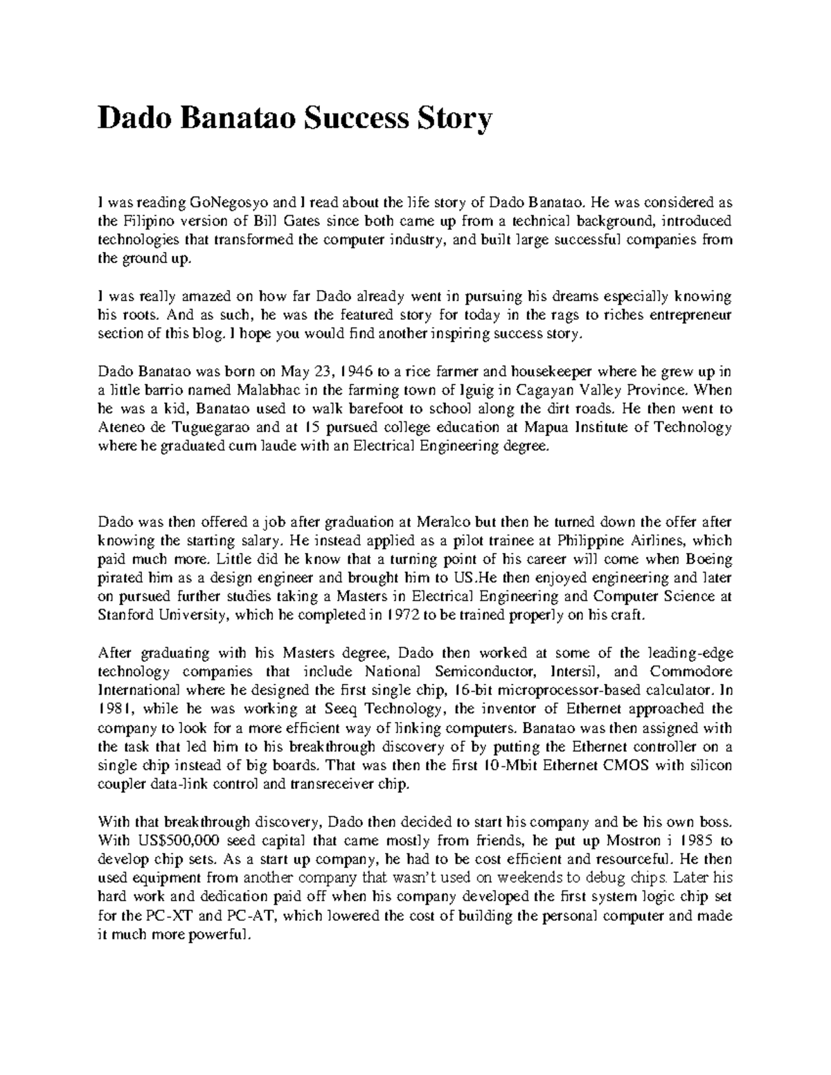 Dado banatao success story - Dado Banatao Success Story I was reading ...