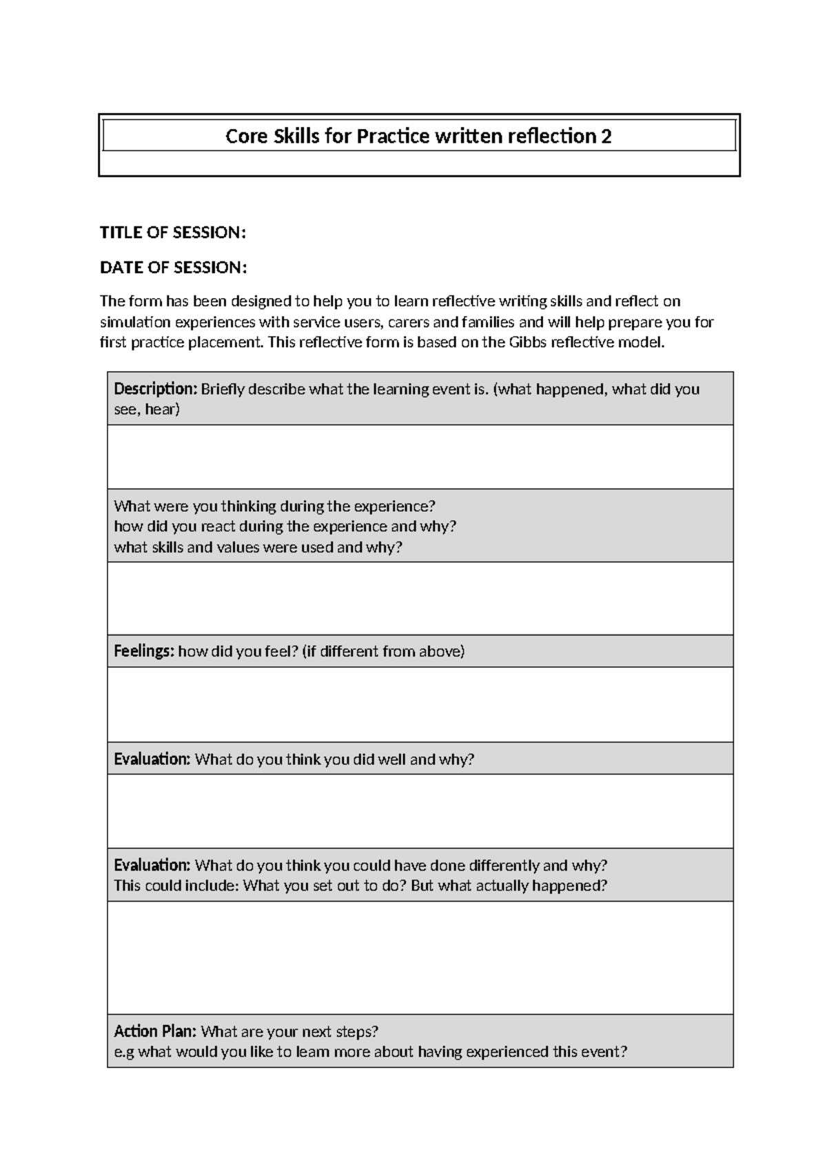 Reflective Template for SKills Days - TITLE OF SESSION: DATE OF SESSION ...