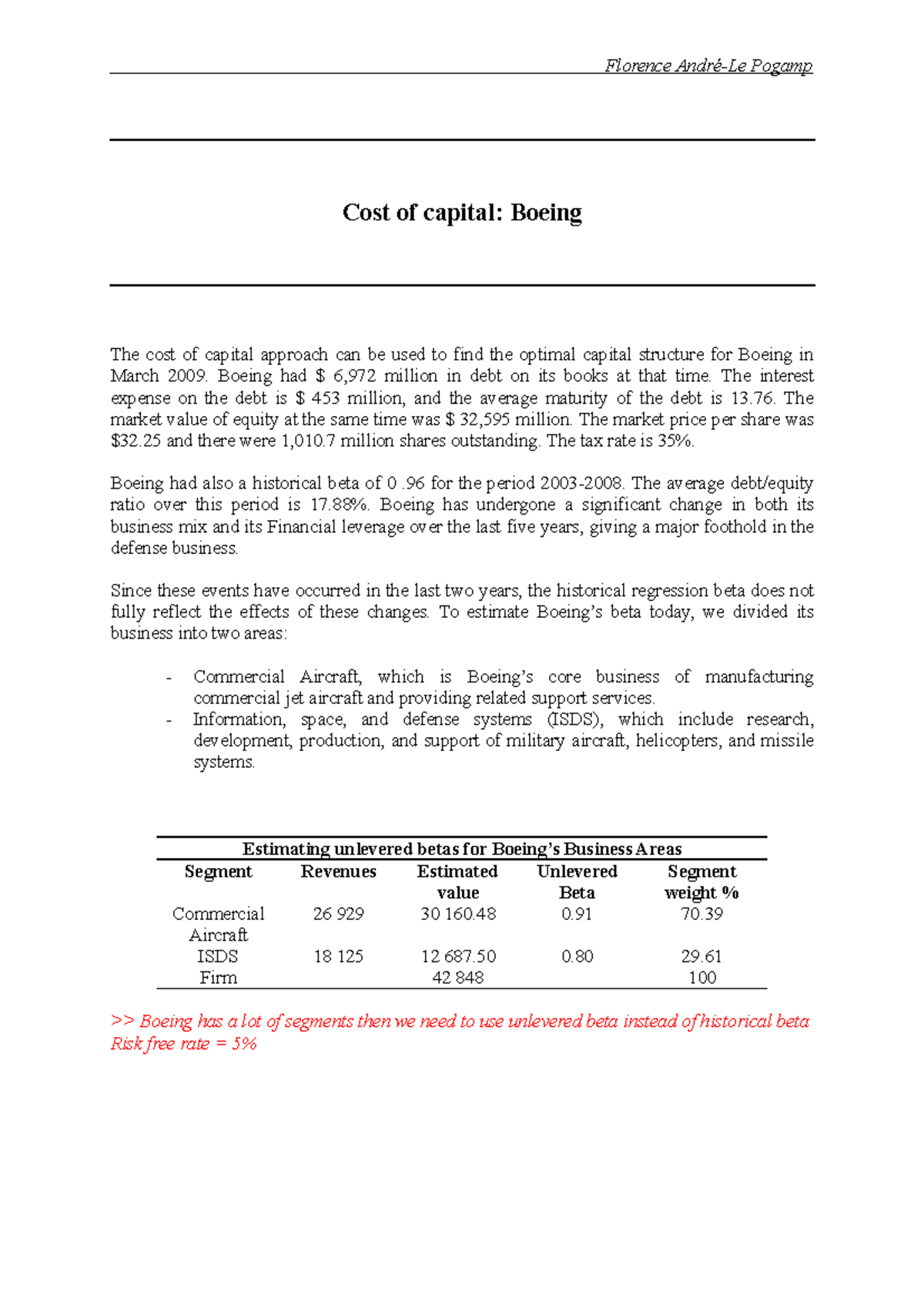 Boeing case - Case for capital structure - Cost of capital: Boeing The ...
