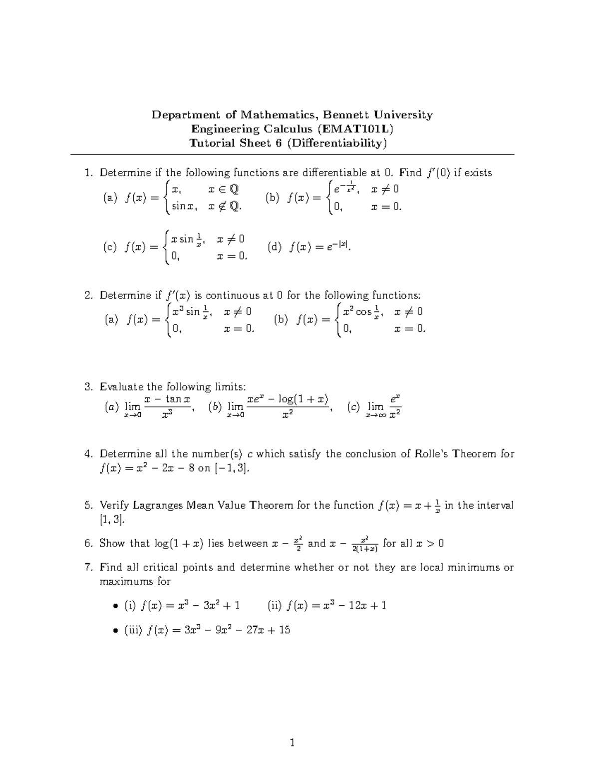 Tutorial Sheet 6 - Department of Mathematics, Bennett University Engineering Calculus (EMAT101L ...