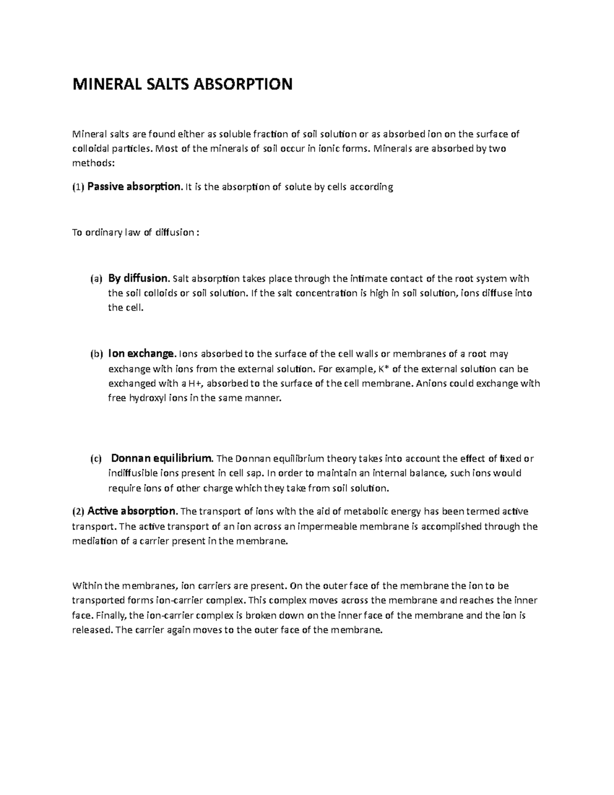 Mineral salts absorption - MINERAL SALTS ABSORPTION Mineral salts are ...