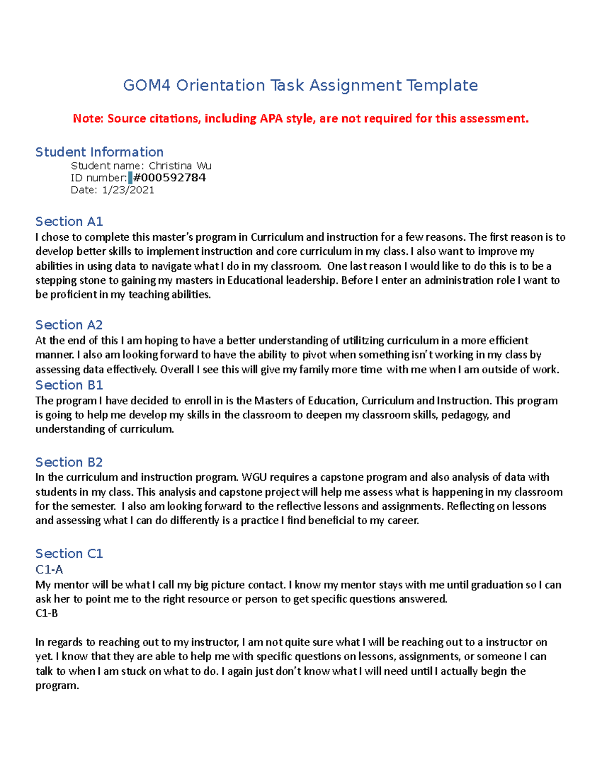 Orientation Task for Curriculum and instruction Masters - GOM4 Orientation Task Assignment ...