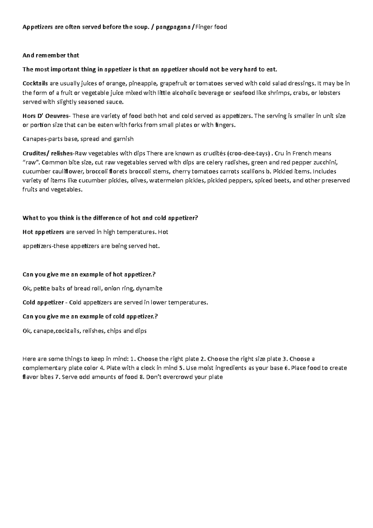 Notes in appetizer notes 1 - Appetizers are often served before the ...