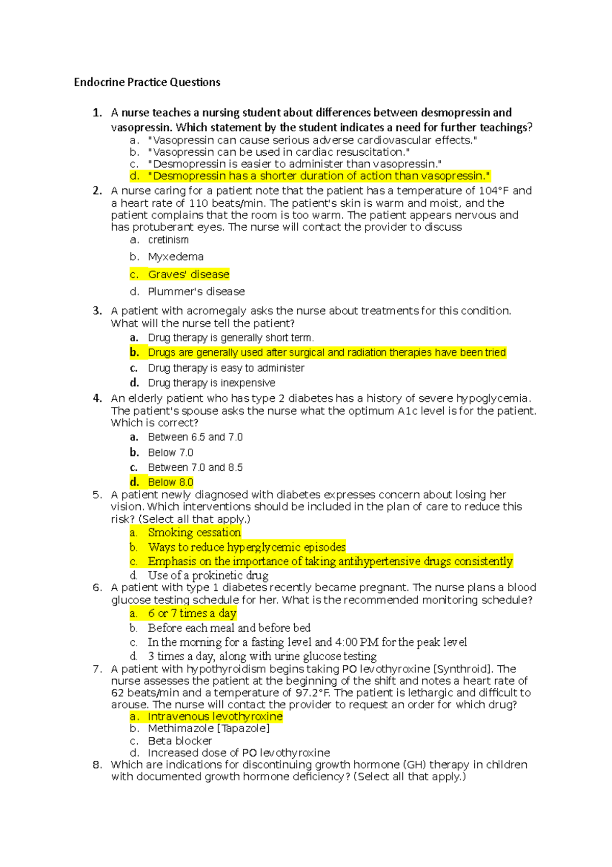 Endocrine Practice Questions - A nurse teaches a nursing student about ...