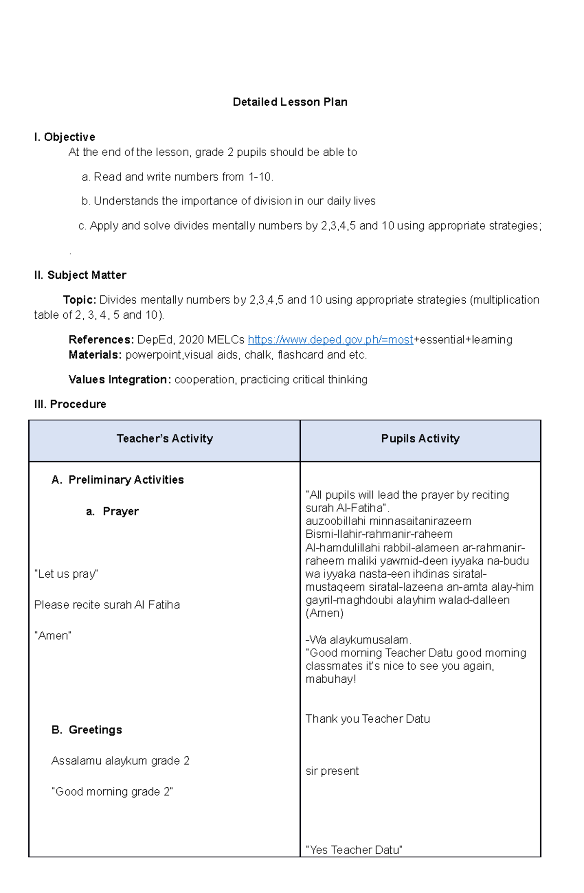 LP-MATH-1 - Lesson plan - Detailed Lesson Plan I. Objective At the end ...