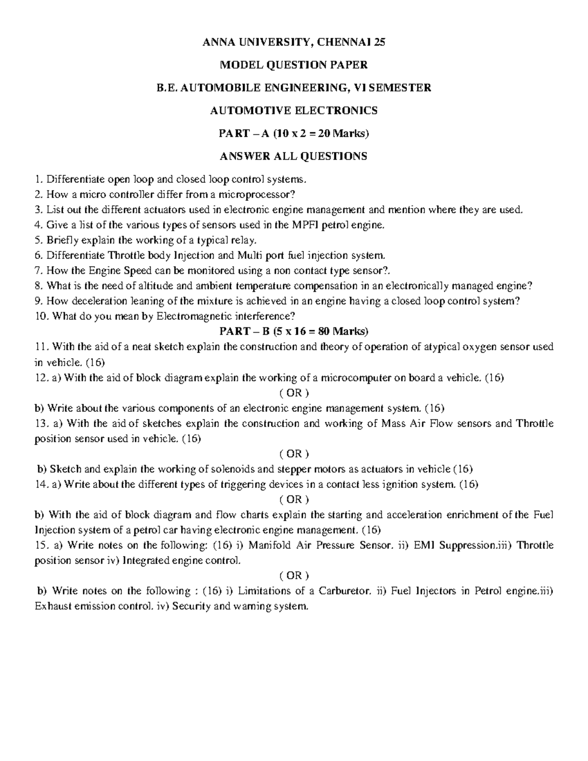 Model QP - ANNA UNIVERSITY, CHENNAI 25 MODEL QUESTION PAPER B. AUTOMOBILE ENGINEERING, VI ...