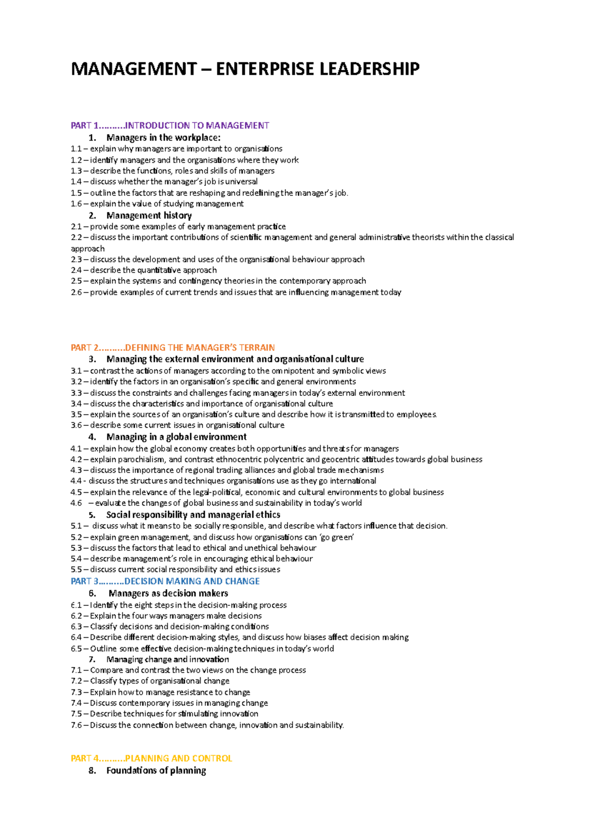 Management - Study Notes - Enterprise Leadership - MANAGEMENT ...