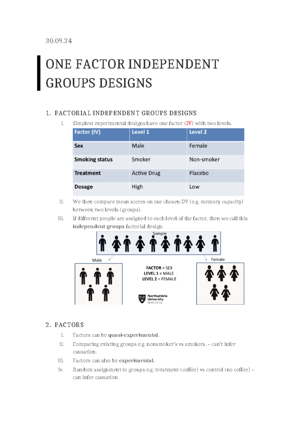 One factor independant groups designs - 30 - 30. ONE FACTOR INDEPENDENT ...