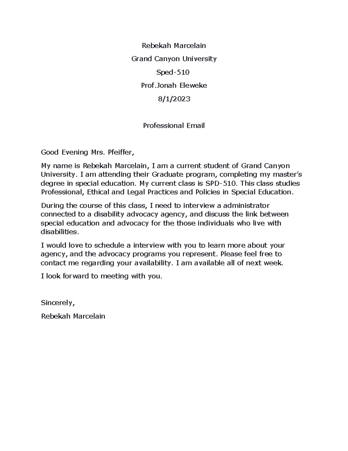 SPD-510 Professional Email - Rebekah Marcelain Grand Canyon University ...