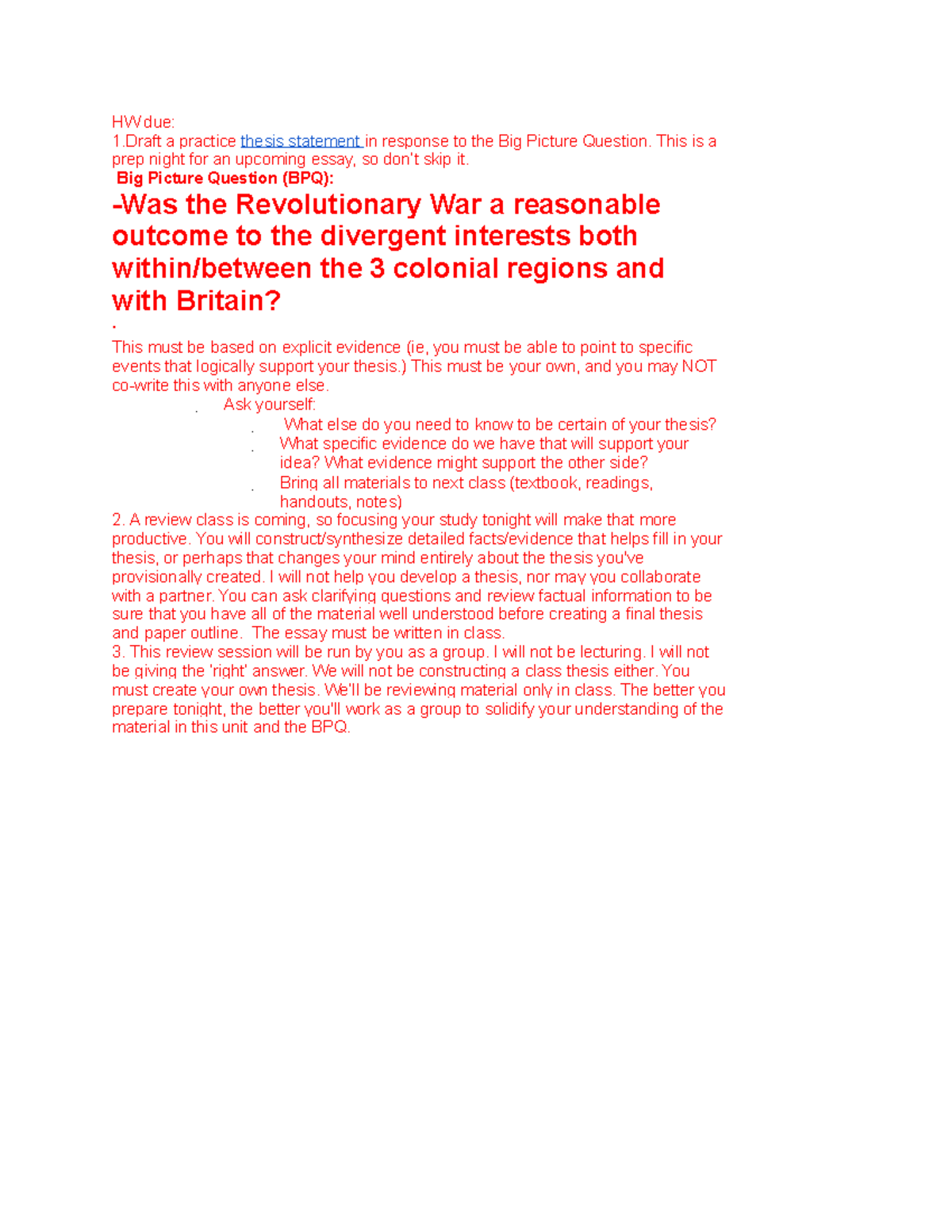 History Thesis Cycle 3 Day 3 HW - HW due: 1 a practice thesis statement ...