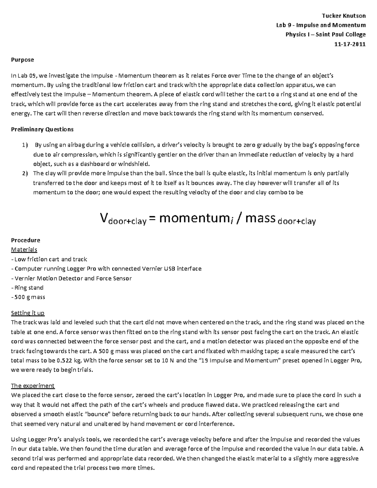 Summary - Lab 9 - Impulse and Momentum - Tucker Knutson Lab 9 - Impulse ...