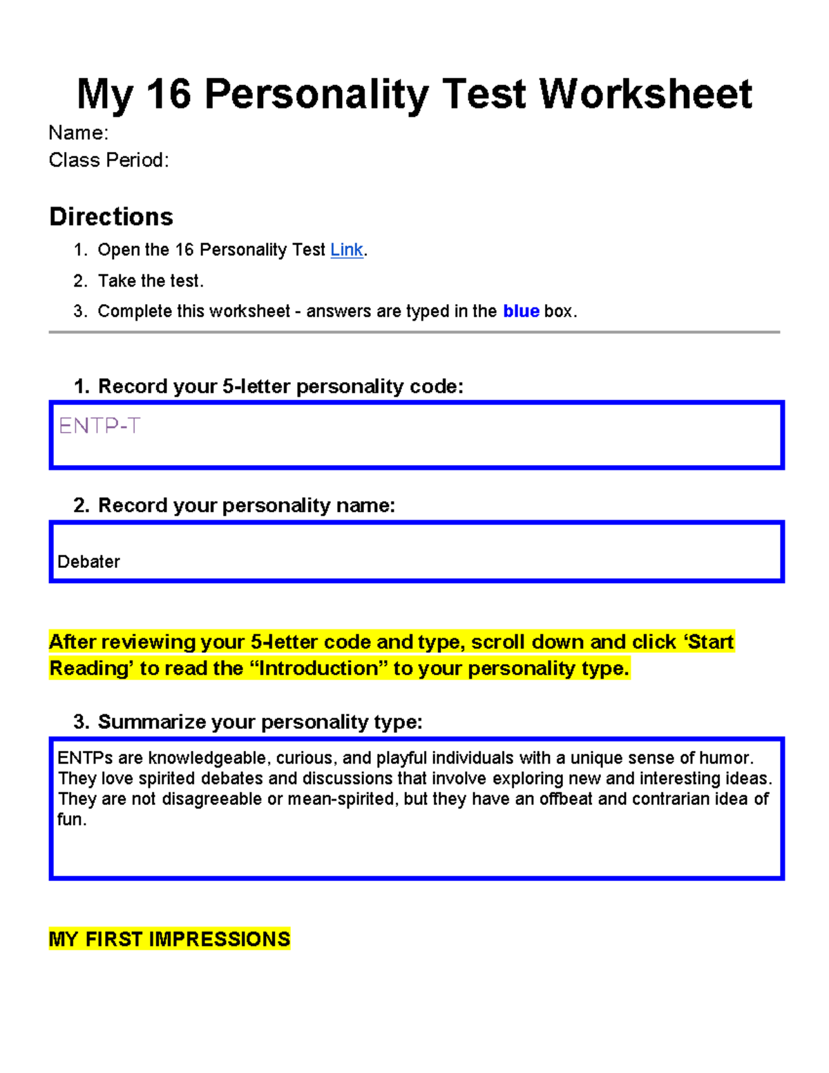 Copy of My 16 Personality Test Worksheet - My 16 Personality Test ...