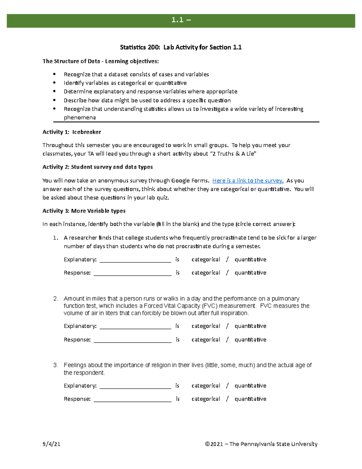 Section 01.1 shared lab - Statistics 200: Lab Activity for Section 1. The Structure of Data ...