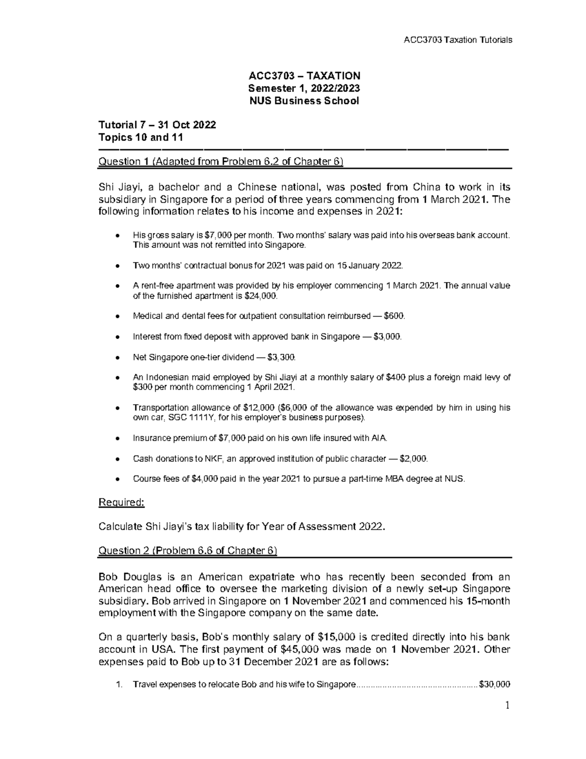 ACC 3703 Tut 7-2 - Tutorial - ACC3703 Taxation Tutorials 1 ACC3703 – TAXATION Semester 1, 2022 ...