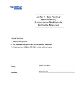Assignment Part 2 Household Management Nutrition and Hydration - © N A ...