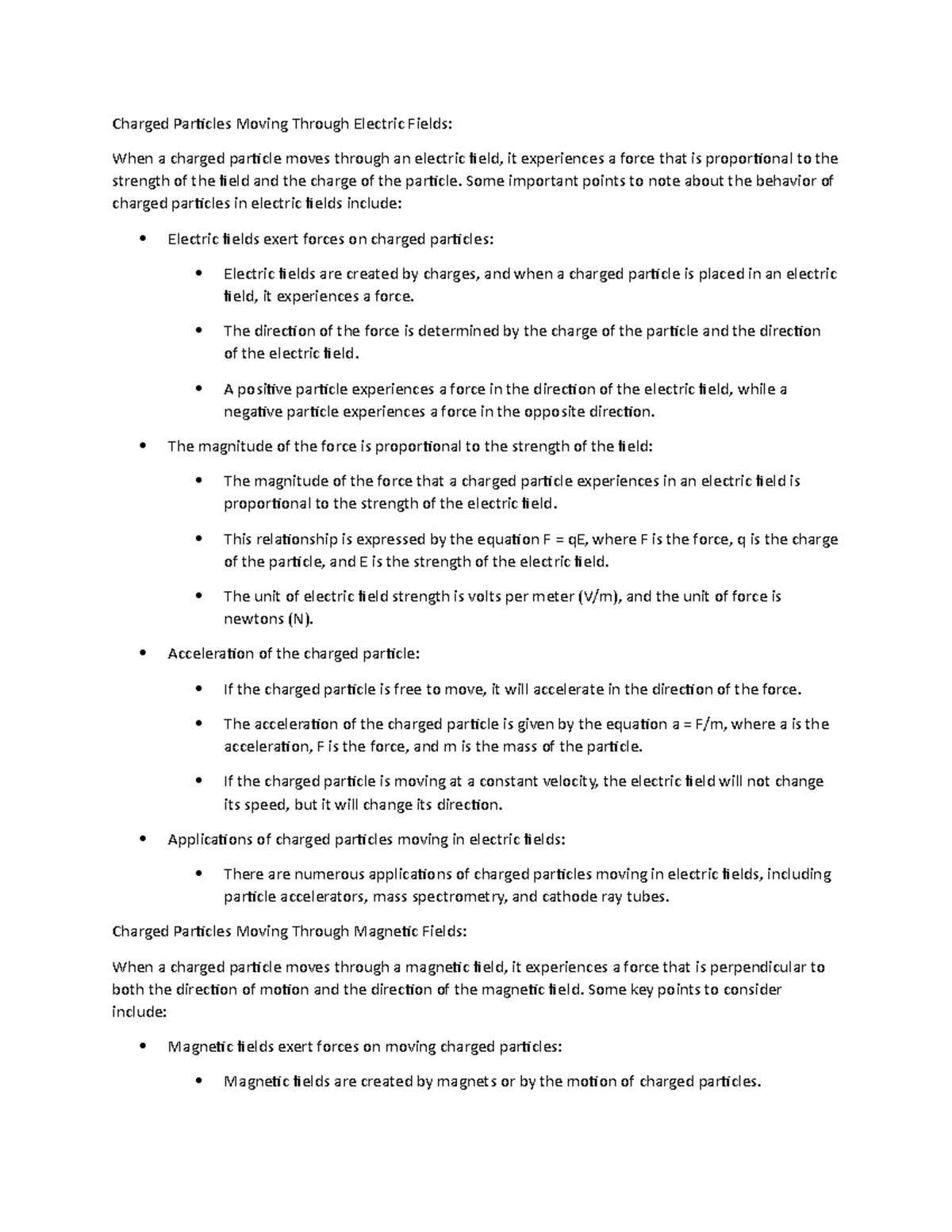 Charged Particles Moving Through Electric Fields - Some important ...