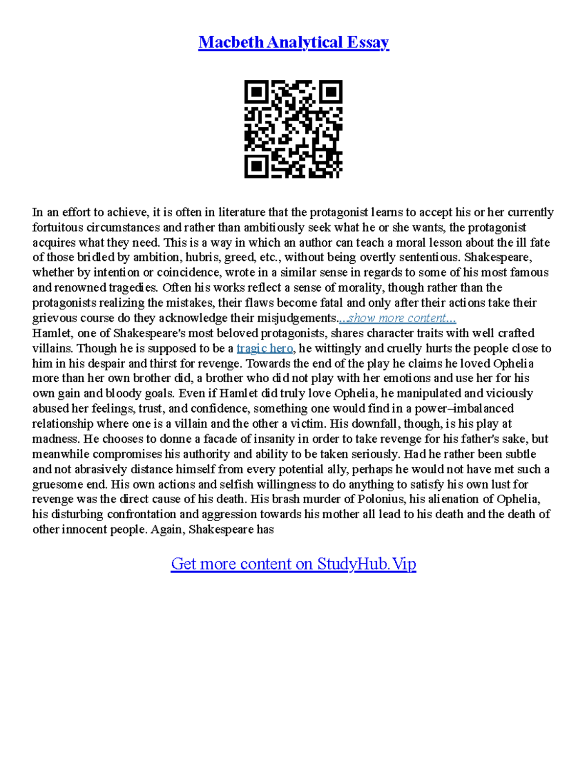 Macbeth Essays Macbeth Essays - Macbeth Analytical Essay In an effort ...