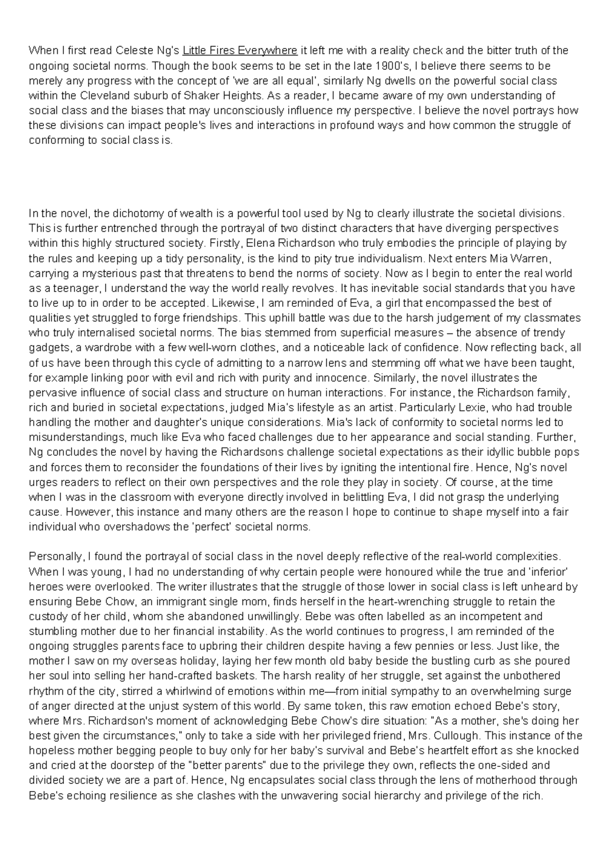 Practise essay social class - When I first read Celeste Ng’s Little Fires Everywhere it left me ...