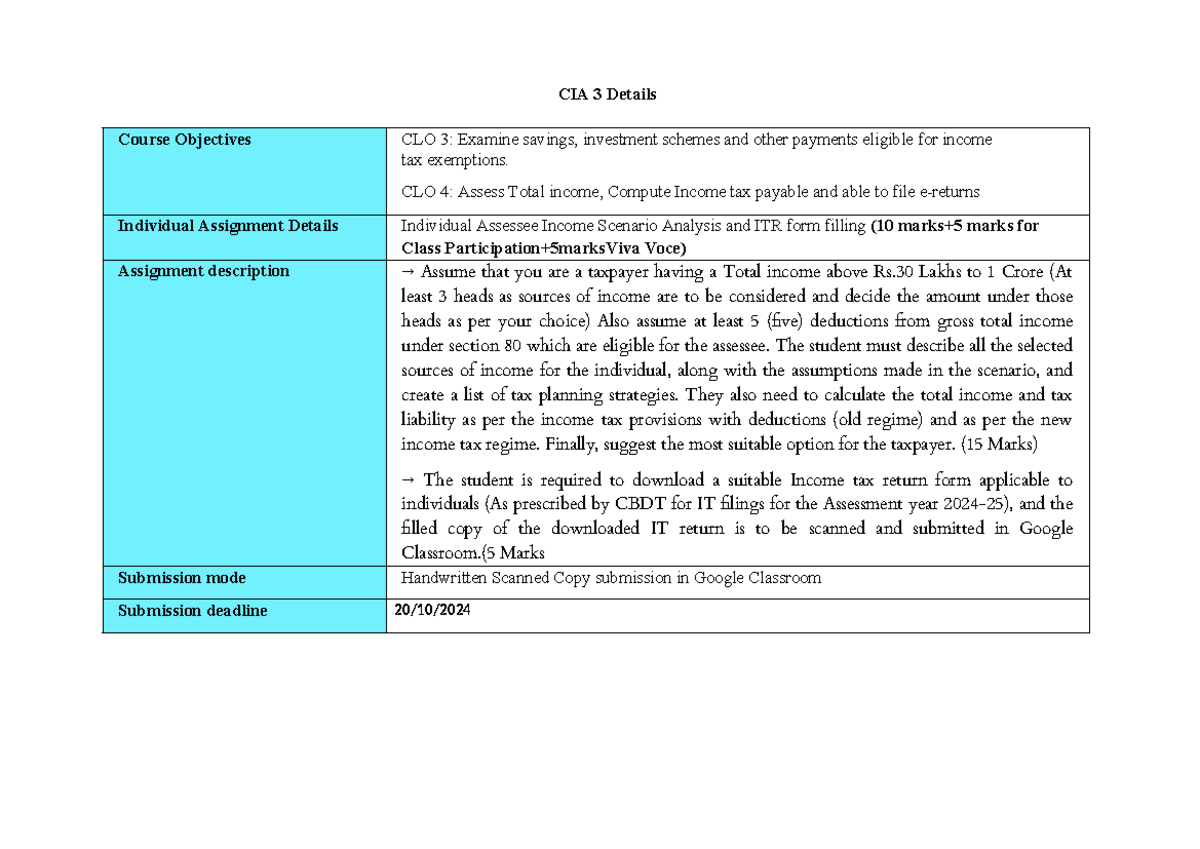 CIA-III - CIA - CIA 3 Details Course Objectives CLO 3: Examine savings ...