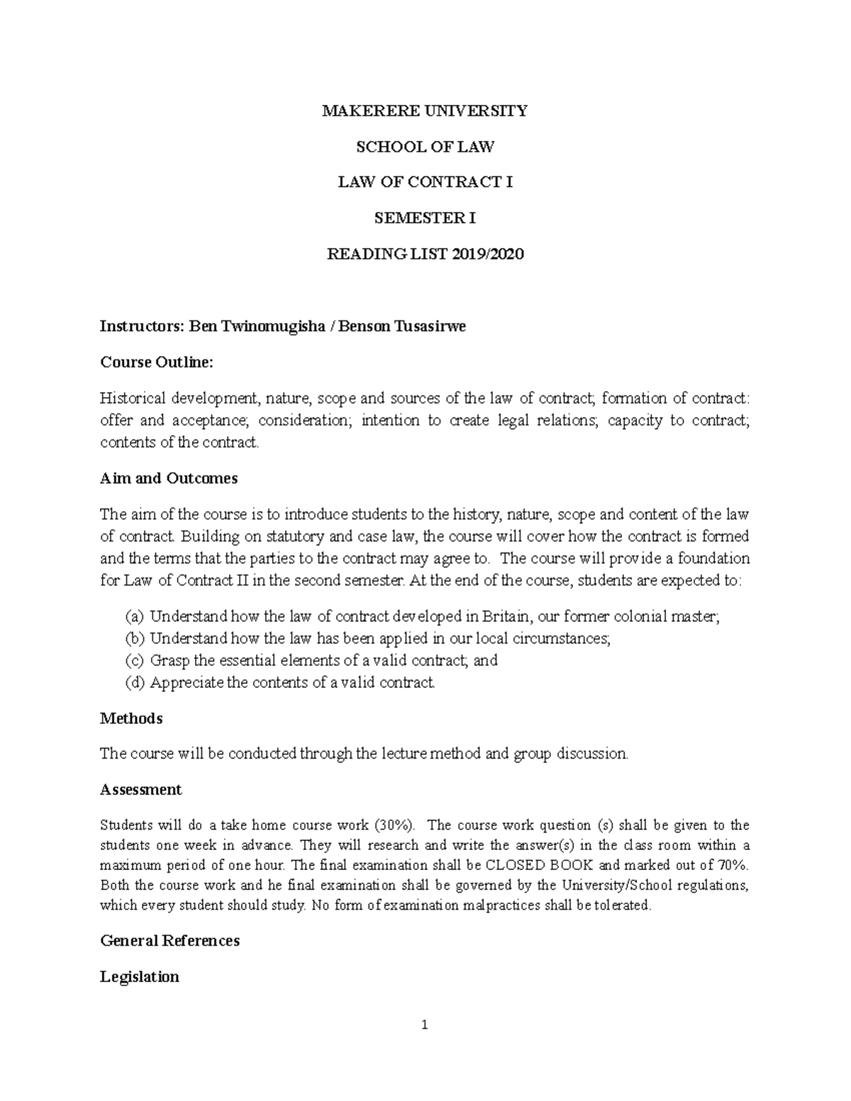 Reading List - Law of Contract I 2018-19 - MAKERERE UNIVERSITY SCHOOL ...